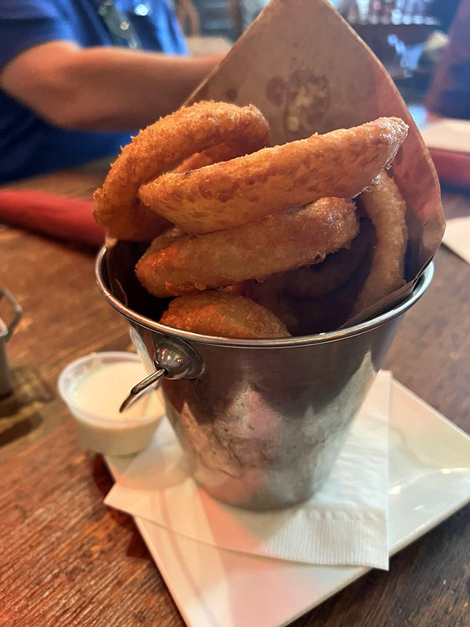 Onion rings stacked like gold nuggets in a prospector's pail&mdash;crispy, golden treasures that strike it rich in the flavor department.