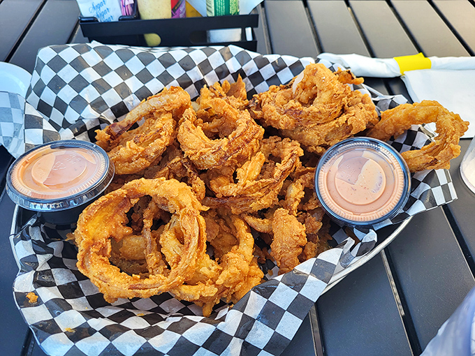 Onion rings that shatter with satisfying crispness &ndash; these golden halos are what fast food chains wish their rings could grow up to be.
