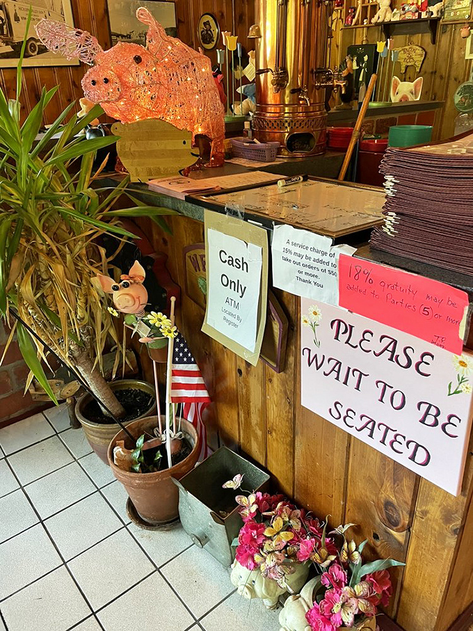Whimsical pig decorations and handwritten signs create that "grandma's kitchen" charm that no corporate restaurant chain can replicate.