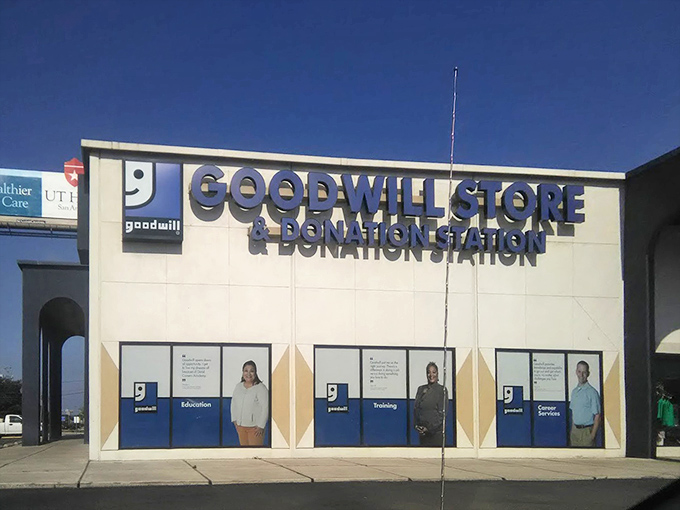 The blue sky promises of thrift shopping made concrete. This facade has welcomed generations of savvy San Antonians seeking sustainable style.