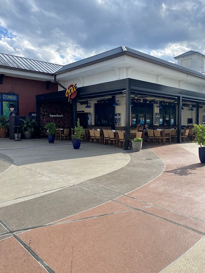 The outdoor seating area offers a more serene alternative to the indoor festivities&mdash;at least until someone orders the flaming saganaki at the next table.