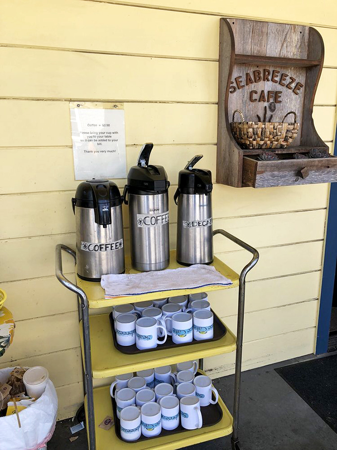 Coffee station that means business. These sturdy carafes and branded mugs suggest Linda's takes its morning brew as seriously as its legendary food.