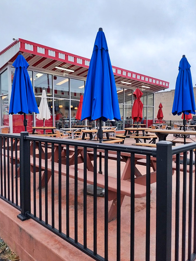 The patio beckons with primary-colored umbrellas and plenty of seating. Richmond's answer to outdoor dining done right.
