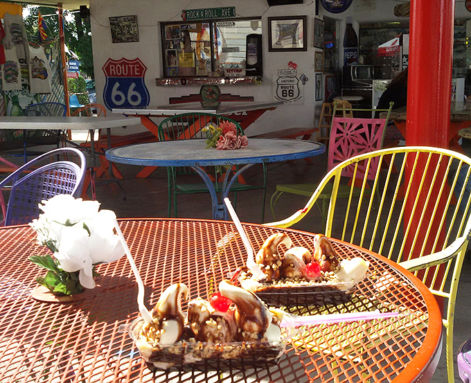 Outdoor dining where the Arizona sky serves as ceiling and every sundae tastes better with a side of Route 66 ambiance.