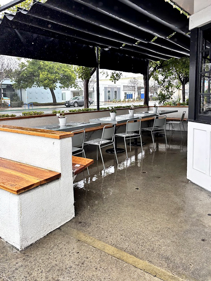 Outdoor seating for those rare Southern California days when it's not absolutely perfect outside &ndash; just mostly perfect.