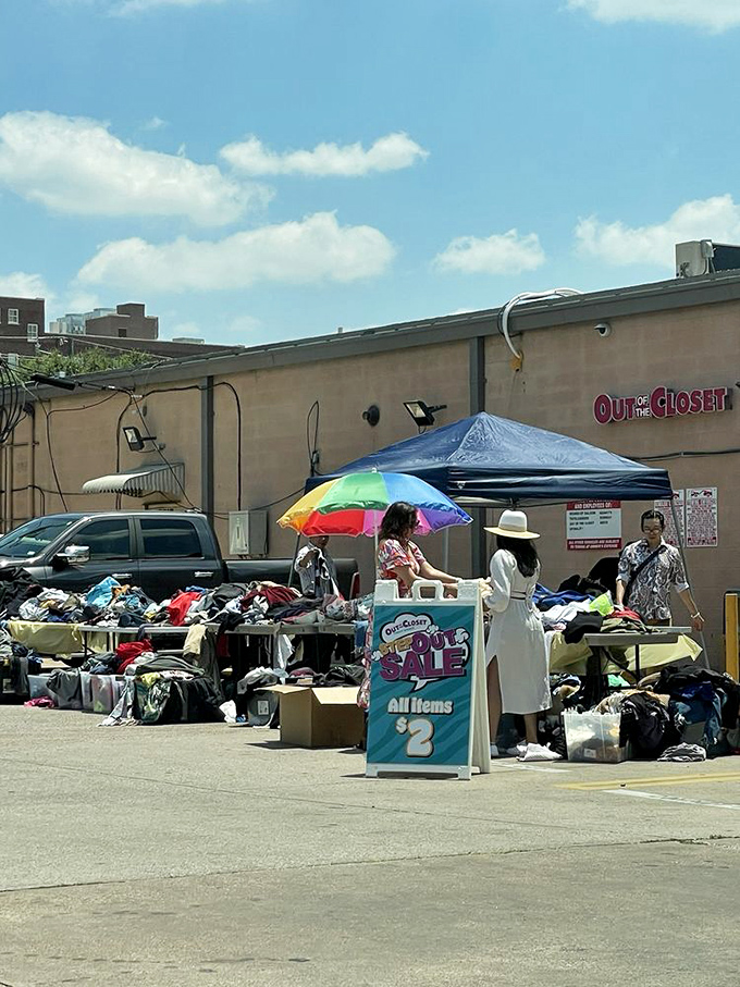 Outdoor sales take bargain hunting to new levels. Three dollars per item means filling your wardrobe without emptying your wallet.