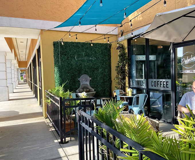 The outdoor seating area whispers, "Stay awhile," with its lush greenery creating a tropical oasis in the middle of St. Augustine.