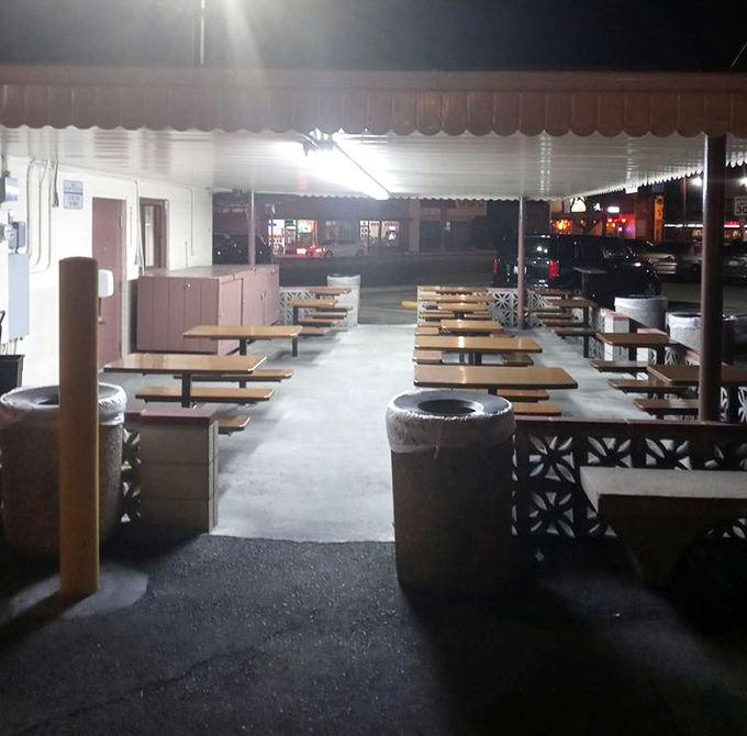 The outdoor seating area - where countless Californians have experienced moments of pastrami-induced bliss under the night sky.