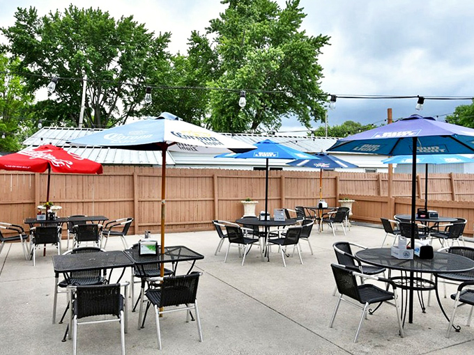 The outdoor seating area offers a breath of fresh air with your burger, proving that even paradise sometimes needs a patio.