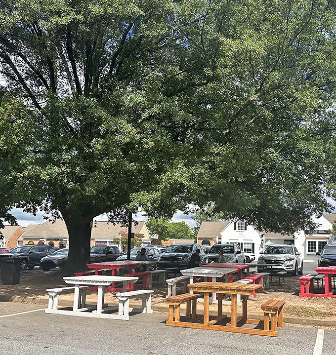 Picnic tables under a sprawling tree create the perfect casual dining spot. Nature's dining room for enjoying burger perfection.