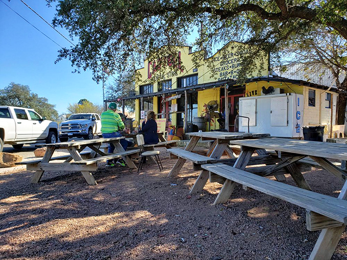 Picnic tables under shade trees create the perfect Hill Country dining room &ndash; where appetites meet fresh air and conversations flow as freely as the nearby Llano River.