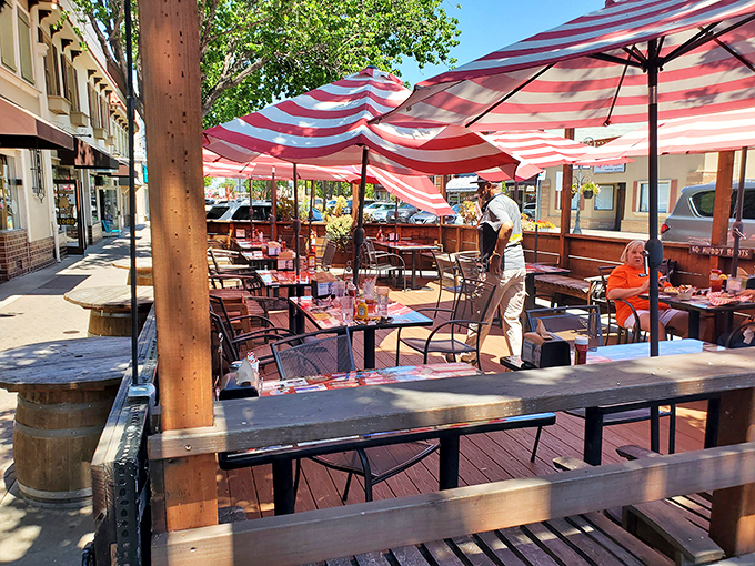 California sunshine and outdoor dining&mdash;a match made in breakfast heaven. Red-striped umbrellas add a touch of small-town charm.
