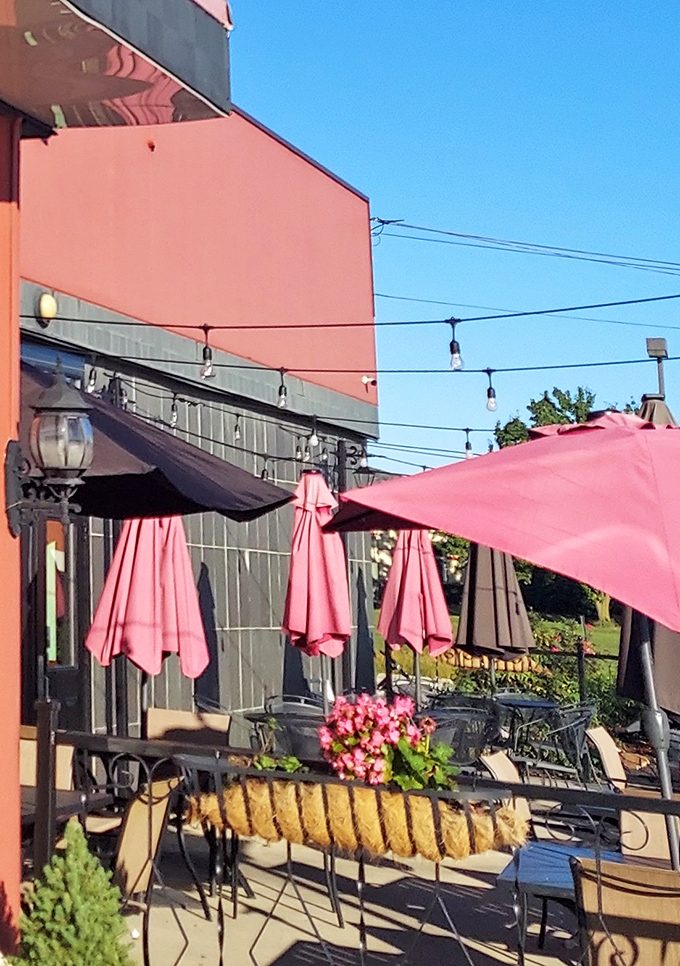 The outdoor patio offers al fresco dining under cheerful umbrellas, perfect for Ohio's pleasant weather days.