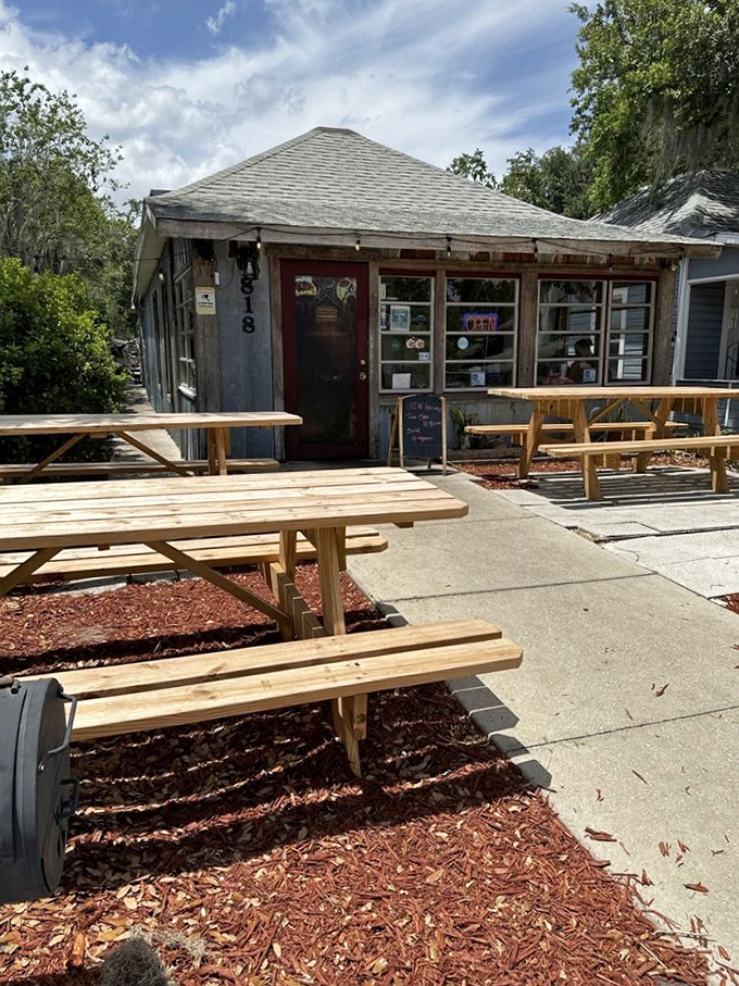 Picnic tables outside for when the weather cooperates and you want your barbecue with a side of sunshine.