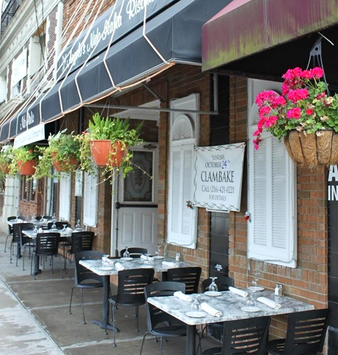 When Cleveland weather cooperates, sidewalk dining adds European charm to the Little Italy experience, complete with hanging flower baskets.