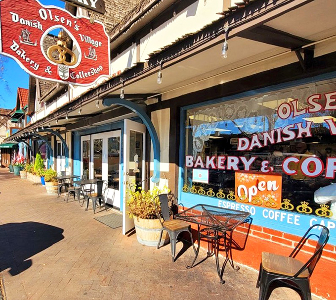 Outdoor seating invites you to enjoy your Danish treasures while watching Solvang's charming street life unfold like a European postcard.