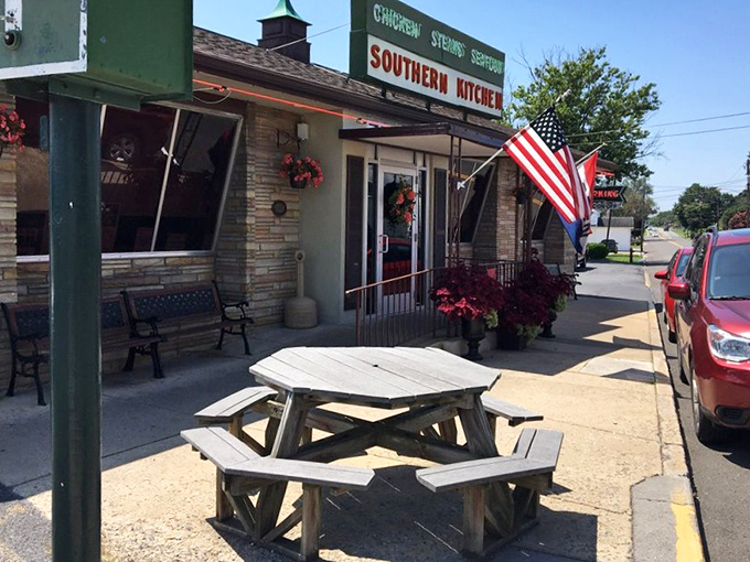 Outdoor seating offers a chance to enjoy your meal in the fresh Virginia air, with the restaurant's welcoming picnic table inviting you to stay awhile.