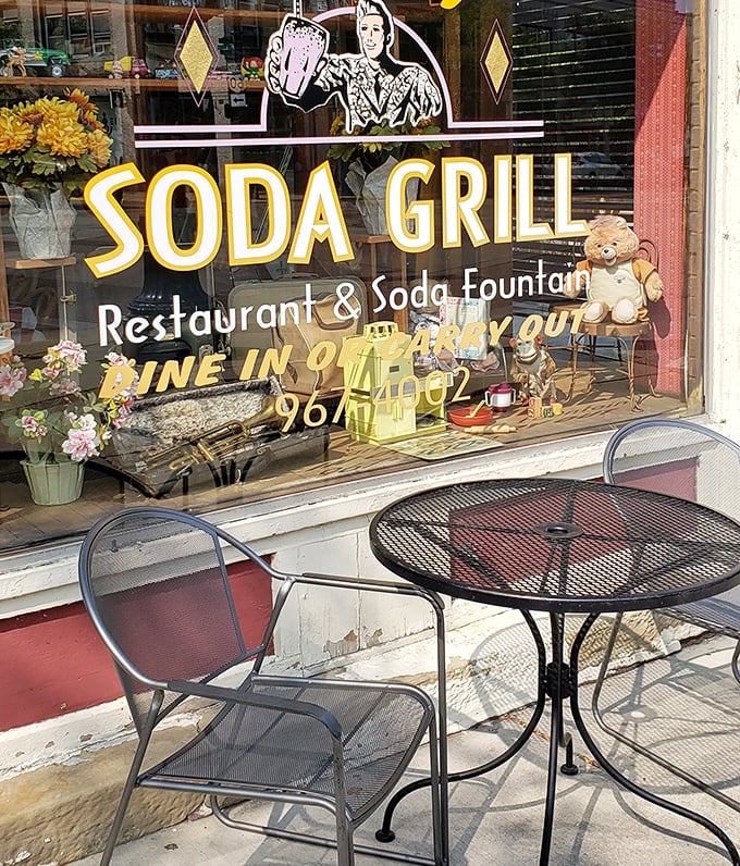 Sidewalk seating where you can watch small-town life unfold like a perfectly paced indie film. The window promises delights within.