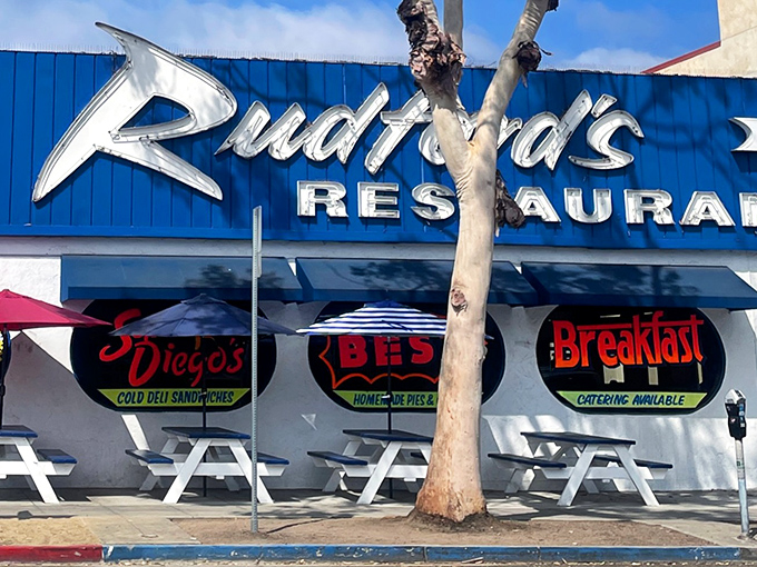 Those outdoor tables under umbrellas &ndash; because sometimes your food coma needs fresh air and California sunshine.