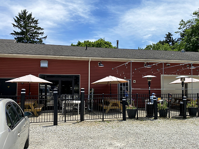 Al fresco BBQ under string lights and blue skies. The outdoor seating area offers a perfect setting for summer evening feasts.