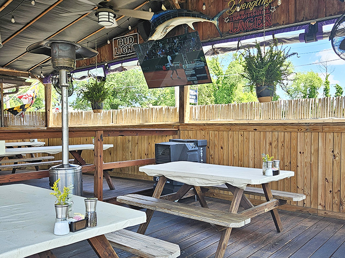 The outdoor seating area – where summer breezes complement seafood feasts and nobody judges you for wearing a bib like a superhero cape.