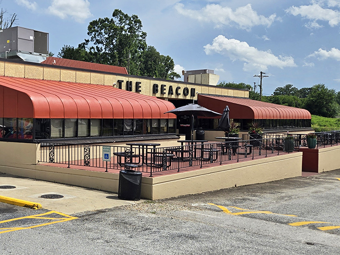 The outdoor patio at The Beacon offers fresh air with your fresh food—nature's perfect accompaniment to a legendary cheeseburger.