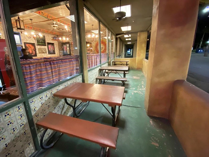 Al fresco dining, Arizona-style. These picnic tables offer a front-row seat to Mesa's comings and goings while you enjoy your chile relleno.