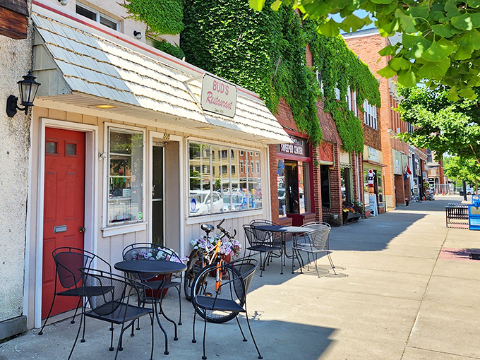 Sidewalk seating where you can watch small-town America stroll by. The ivy-covered building has seen businesses come and go while Bud's remains.