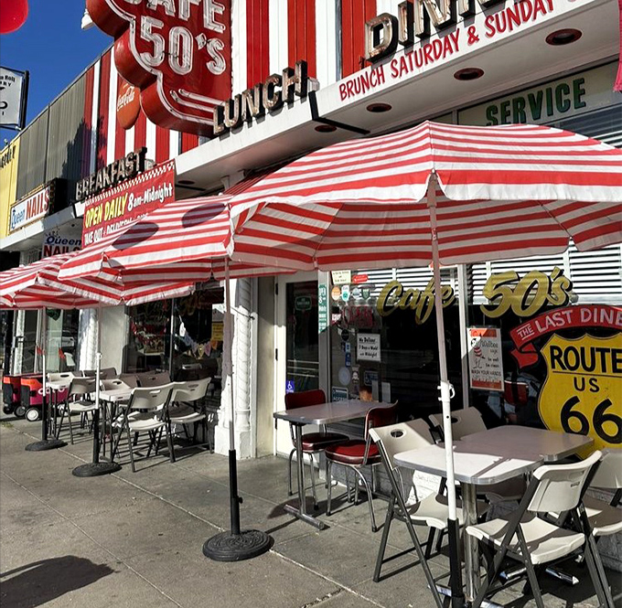 Sidewalk seating under candy-striped umbrellas&mdash;because sometimes you want your nostalgia with a side of people-watching and vitamin D.