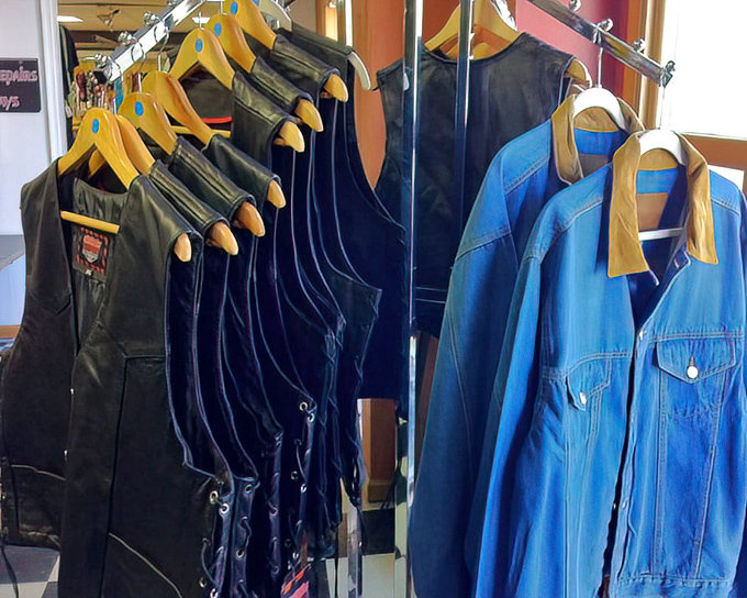 Vintage leather vests hang alongside denim jackets&mdash;sartorial time machines ready to transport their new owners back to cooler decades.