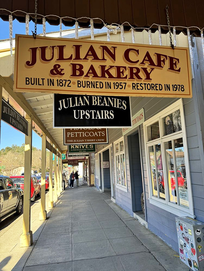 The covered walkway outside Julian Cafe invites you to stroll through a living museum of Western storefronts.