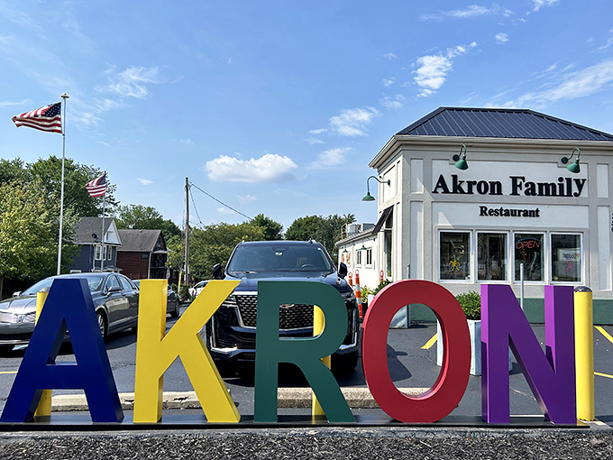 The colorful AKRON letters outside serve as both civic pride and perfect photo opportunity for visitors documenting their culinary adventures.