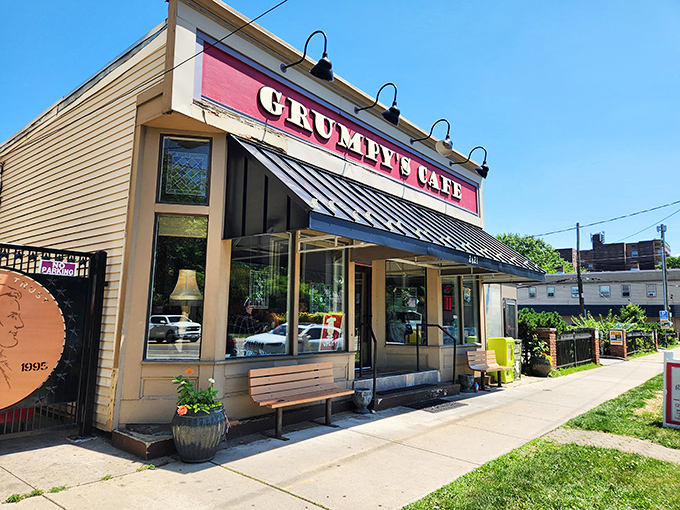 The exterior that houses breakfast legends. Those wooden benches out front aren't just seating&mdash;they're the perfect spot to recover from breakfast bliss.