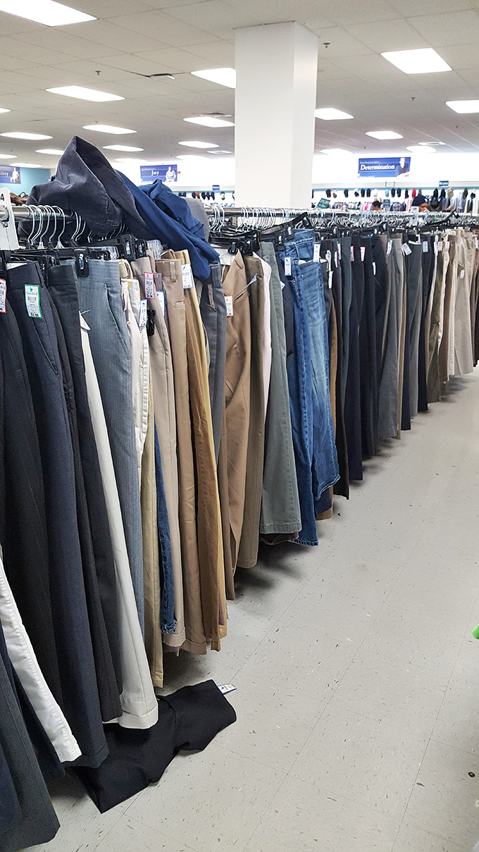 The pants parade &ndash; where designer labels and everyday brands hang side by side in the great equalizer of thrift shopping.