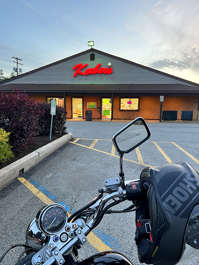 Motorcycle parked outside at dusk &ndash; because ice cream pilgrimages happen at all hours when the craving strikes.
