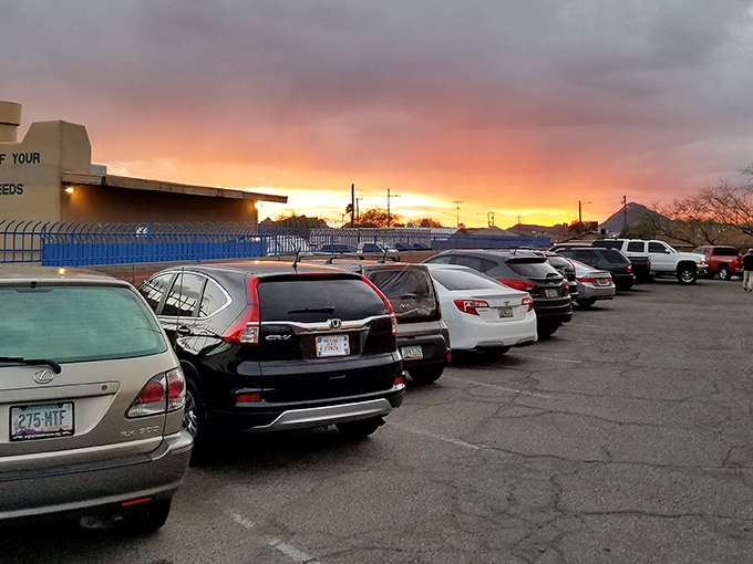 Even the Arizona sunset seems to celebrate Micha's with a technicolor display. That full parking lot tells you everything you need to know about what awaits inside.