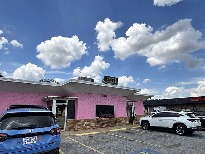 Even on a bright blue-sky day, that pink building calls to hungry travelers like a roadside oasis of home-cooked goodness.
