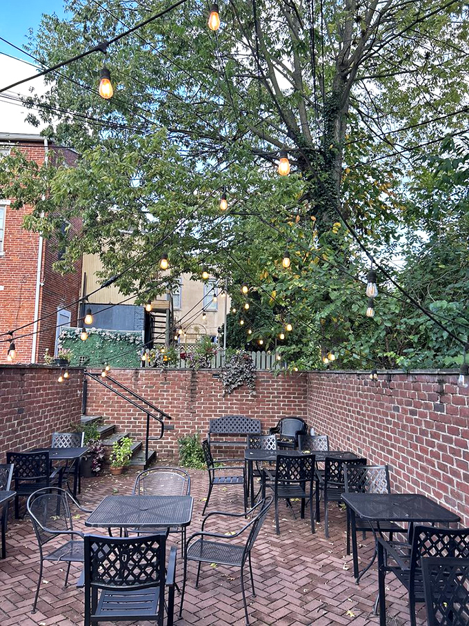 String lights and brick walls create the perfect atmosphere for outdoor dessert therapy sessions under Pennsylvania stars.