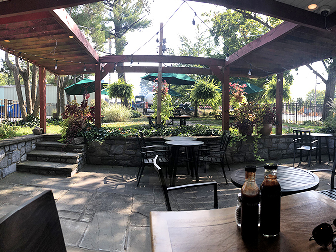 The outdoor patio: where fresh air enhances the barbecue experience and sauce bottles stand ready for your personal customization preferences.