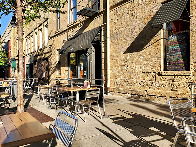 Outdoor seating that transforms Main Street into your dining room. Wisconsin summer evenings were made for exactly this kind of urban oasis.