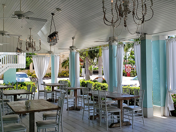 The covered patio brings outdoor dining charm while keeping you comfortable &ndash; best of both breakfast worlds achieved.