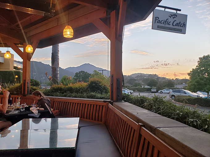 Sunset dining with Mount Tam as your dinner companion. The patio at Pacific Catch turns an ordinary meal into a California postcard moment.