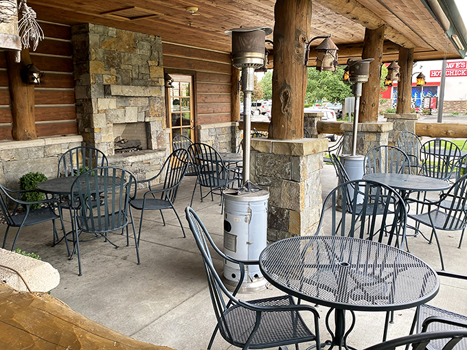 Outdoor patio seating for when Idaho weather cooperates, complete with shade and that essential morning breeze.