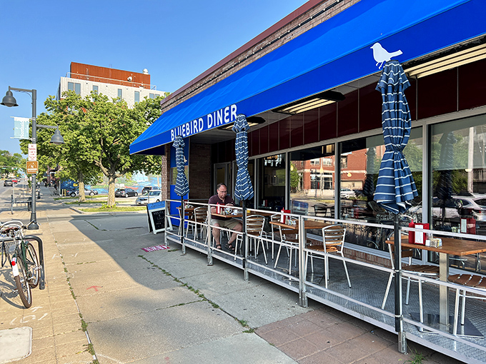 Outdoor seating at the Bluebird isn't just an option&mdash;it's front-row tickets to Iowa City's daily parade of life.