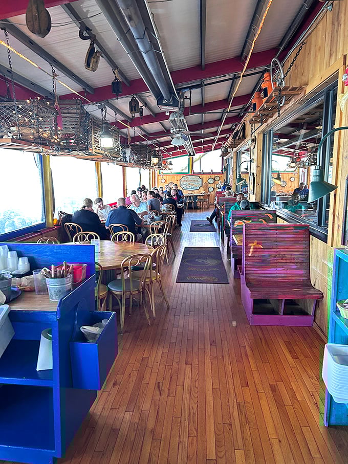 The bustling dining room stretches toward water views &ndash; a lively space where seafood stories and family memories are made between bites.
