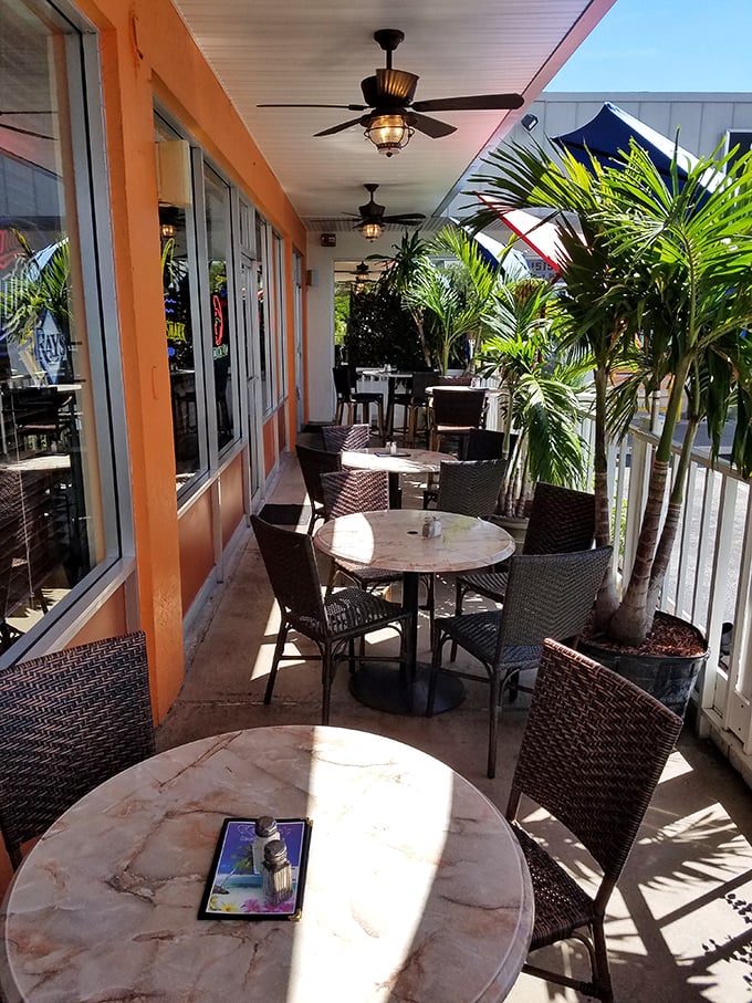 The outdoor patio offers prime people-watching with a side of sea breeze and ceiling fans working overtime.