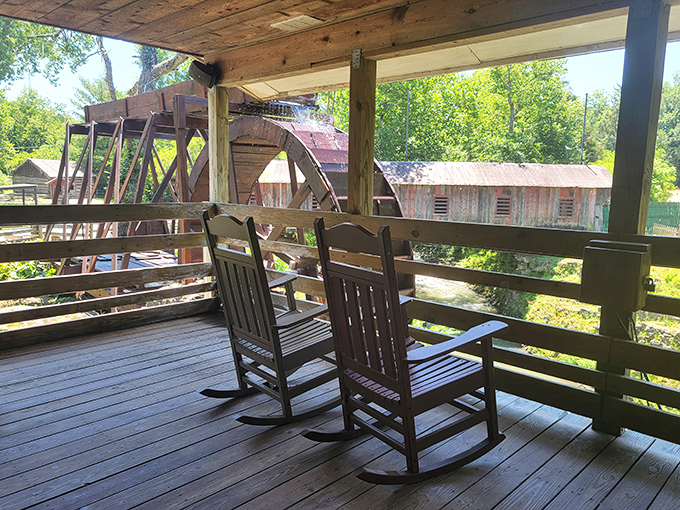 Rocking chairs with a million-dollar view of the water wheel. The perfect spot to contemplate life's big questions—like "Should I order dessert?"