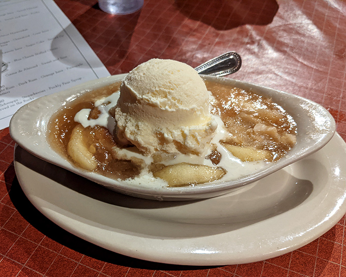 Warm apple cobbler meets cold vanilla ice cream in that perfect temperature tango that makes you close your eyes with each bite.