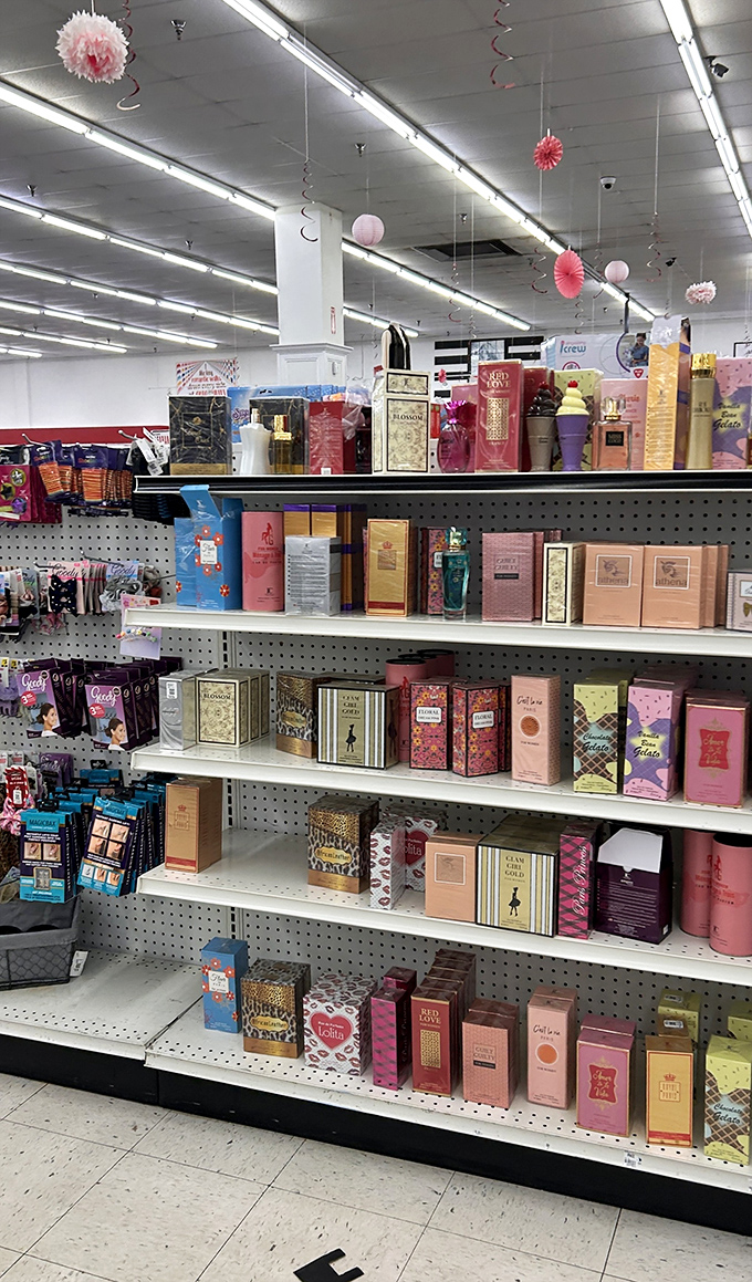The perfume aisle: where designer scents meet bargain prices. Smell expensive without spending a fortune—the ultimate olfactory illusion.