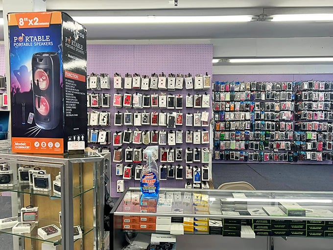 The modern bazaar meets tech needs too. Phone cases in every imaginable design prove even practical purchases can express personality.